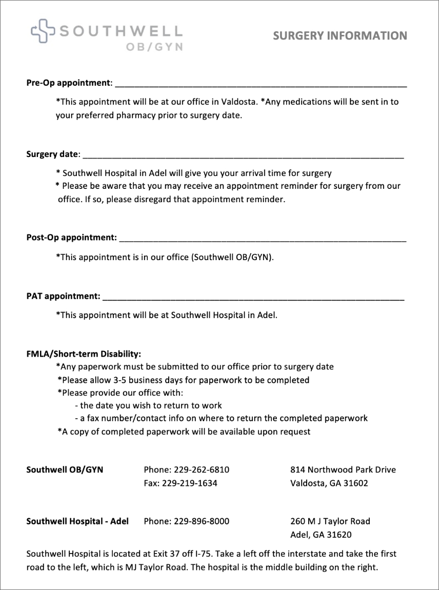 Patient Information - Southwell OB-GYN